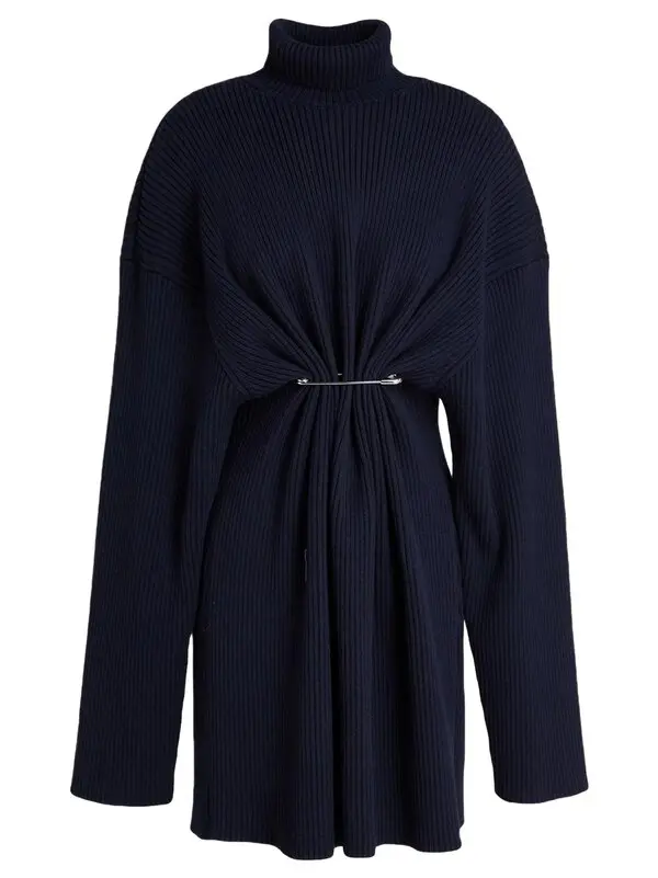 Balenciaga Ribbed Knit Turtleneck Dress With Embellishment - Black