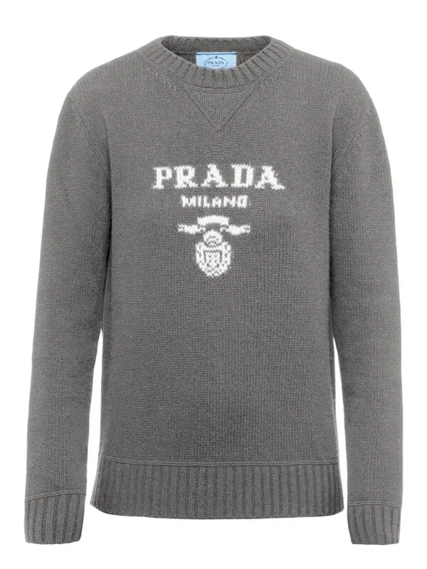 Prada Cashmere And Wool Crew-neck Sweater With Logo - Grey