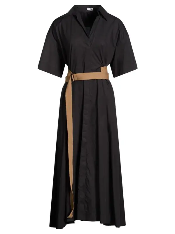 Brunello Cucinelli Short-sleeve Belted Poplin Dress - Black