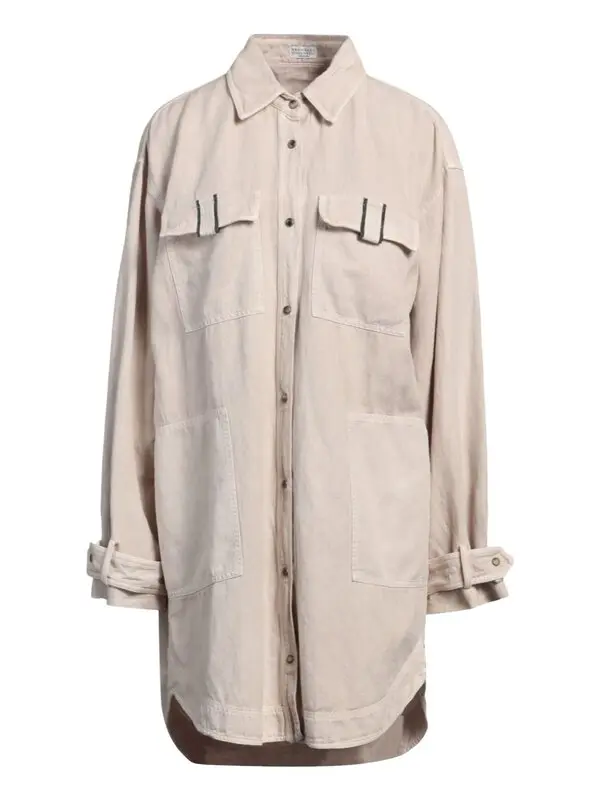 Brunello Cucinelli Long Sleeve Denim Shirt Jacket With Embellishments - Nude