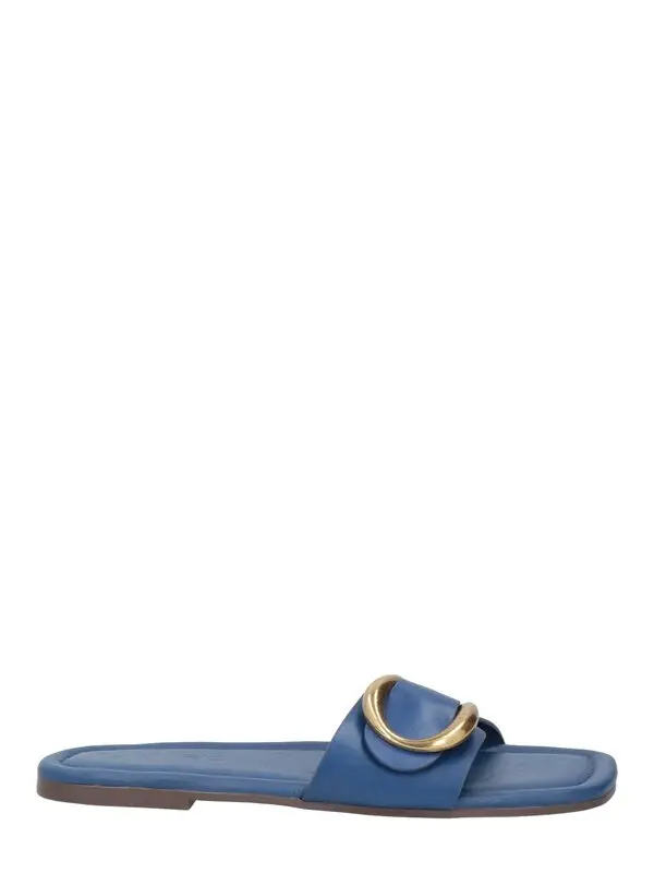 Farm Rio Flat Square Toe Leather Slides With Buckle Detail - Blue