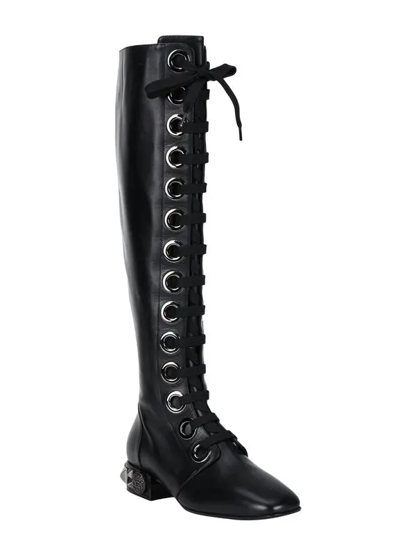Dolce & Gabbana Knee-high Square-toe Boots With Studded Block Heel - Black