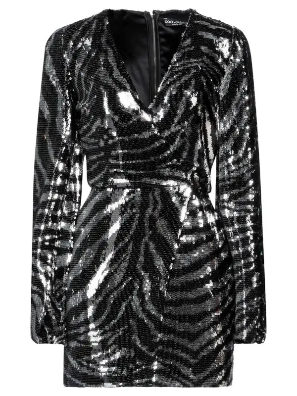 Dolce & Gabbana Sequin V-neck Long Sleeve Dress - Black
