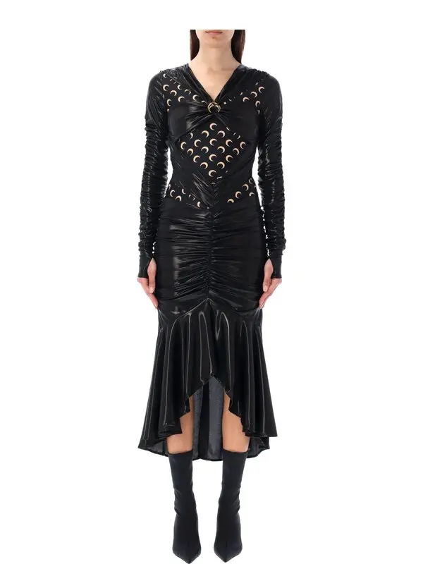 MARINE SERRE Pleated All Over Moon Print Dress - Black