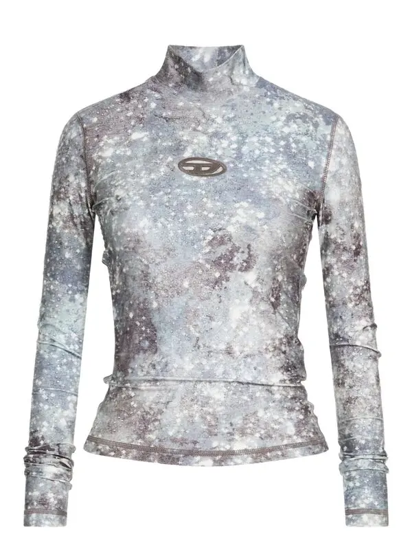 DIESEL® Long Sleeve Mock Neck T-shirt With Crystal Embellishments - Gray