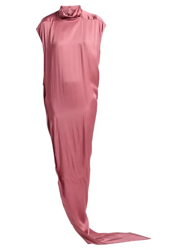Rick Owens Plain Color Satin Turtleneck Short Sleeve Maxi Dress With Side Slit - Pink