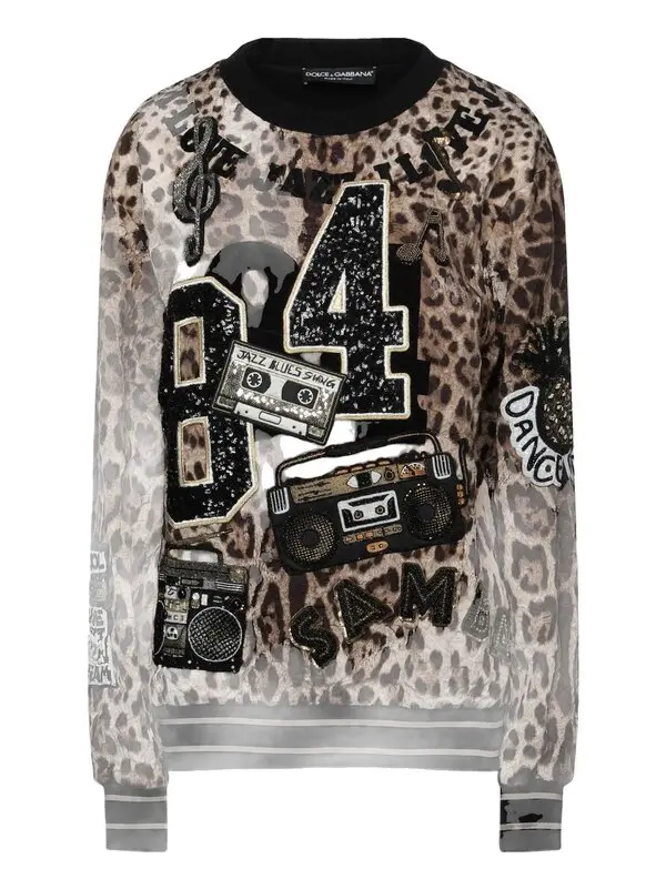 Dolce & Gabbana Leopard Print Embellished Crewneck Top - Black