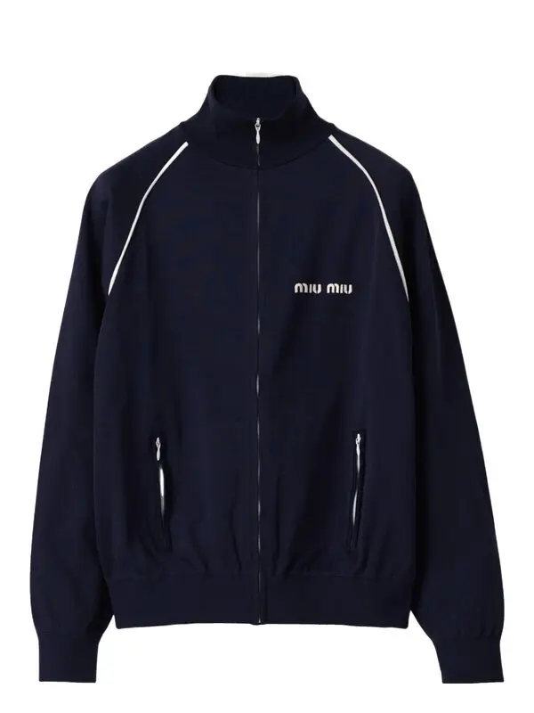 Miu Miu Embroidered Logo Zip Cardigan - Blue