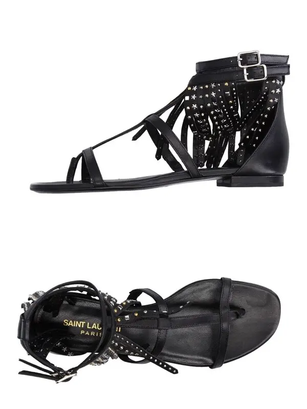 Saint Laurent Studded Strappy Flat Sandals - Black
