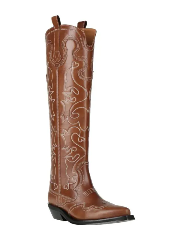 GANNI Knee-high Embroidered Cowboy Boots - Brown