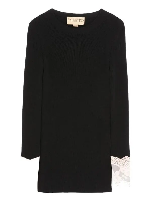 Valentino Garavani Long Sleeve Ribbed Knit Crew Neck Sweater With Lace Cuffs - Black