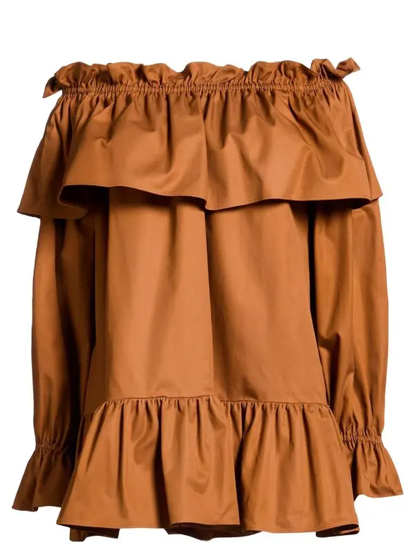 Saint Laurent Off-the-shoulder Ruffled Dress - Brown