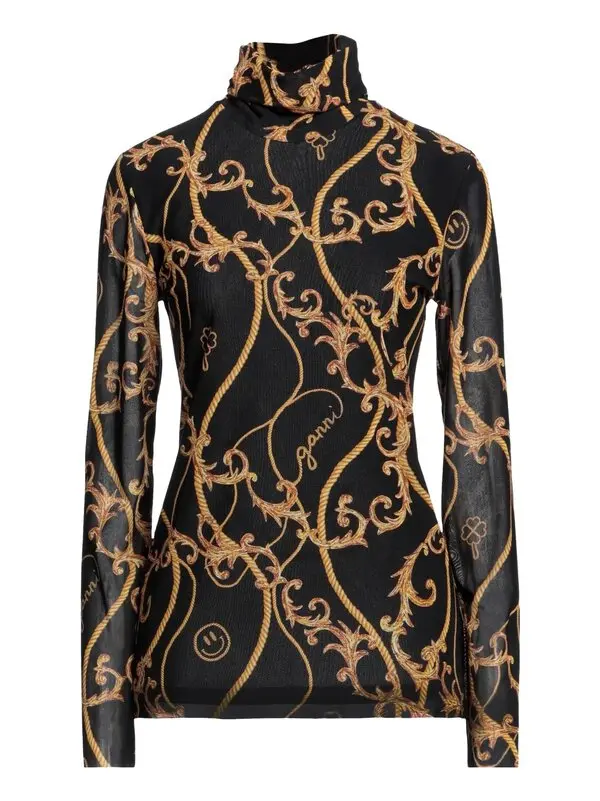 GANNI Printed High Neck Long Sleeve T-shirt - Black