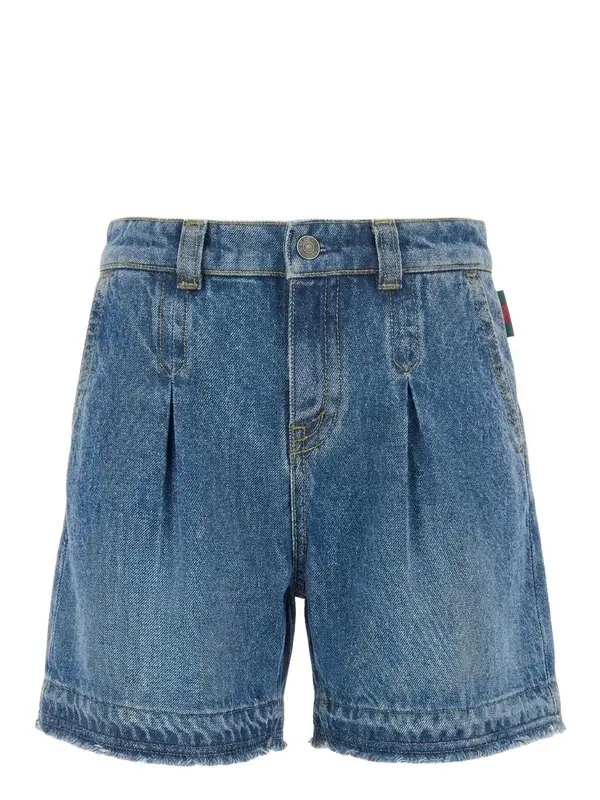 Gucci Pleated Denim Shorts With Raw Hem - Blue