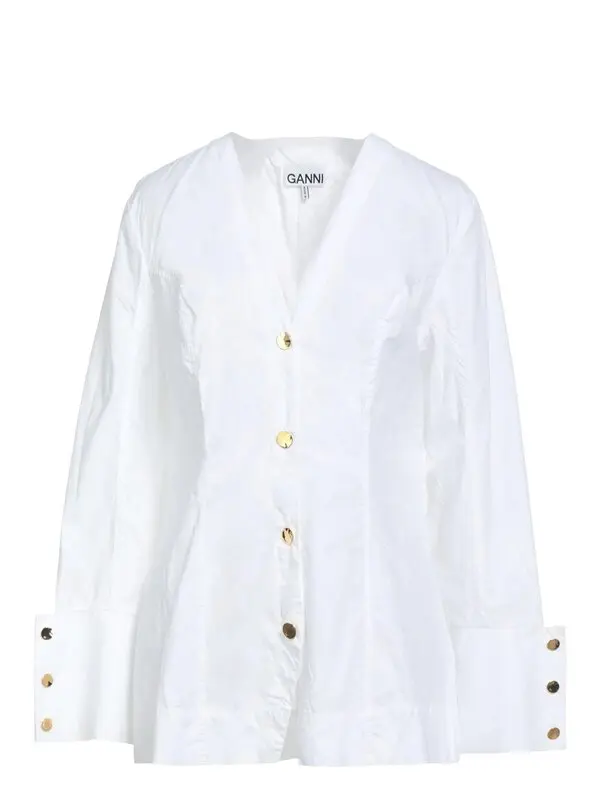 GANNI Solid Long Sleeve V-neck Shirt - White