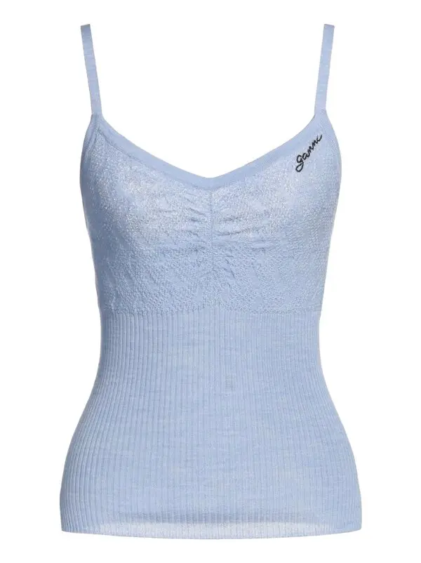 GANNI Sleeveless V-neck Knit Top With Embroidered Logo - Blue