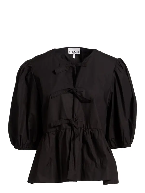 GANNI Short Sleeve Ruffled Blouse With Tie Detail - Black