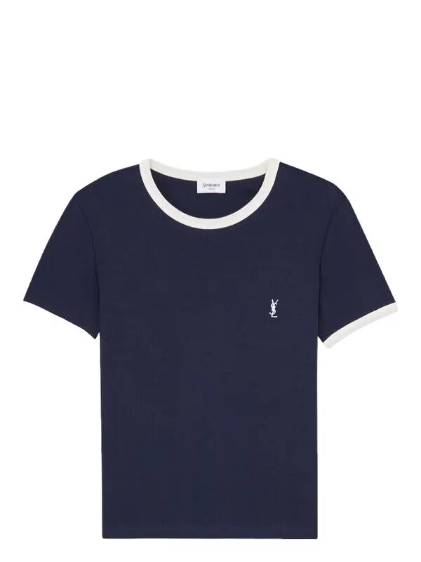 Saint Laurent Cassandre Ribbed Cotton Knit T-shirt - Navy/natural