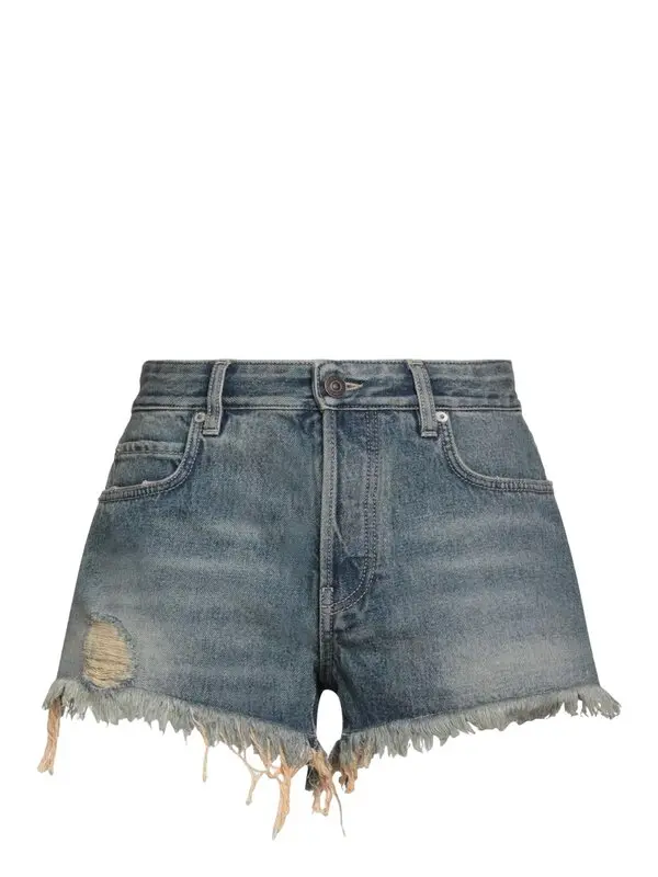 Balenciaga Dark Wash Frayed Hem Denim Shorts - Gray