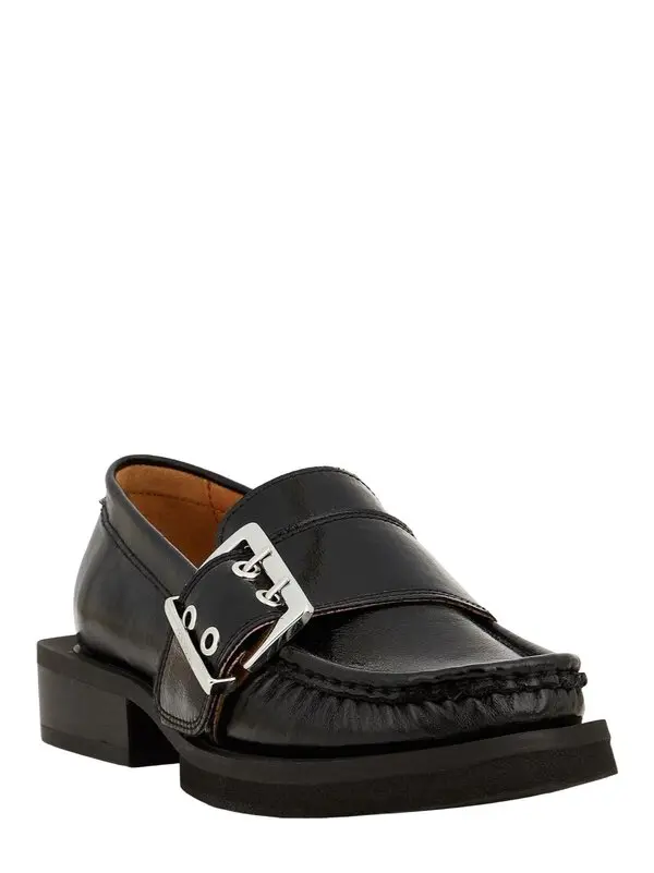 GANNI Patent Leather Loafers With Buckle Detail - Black