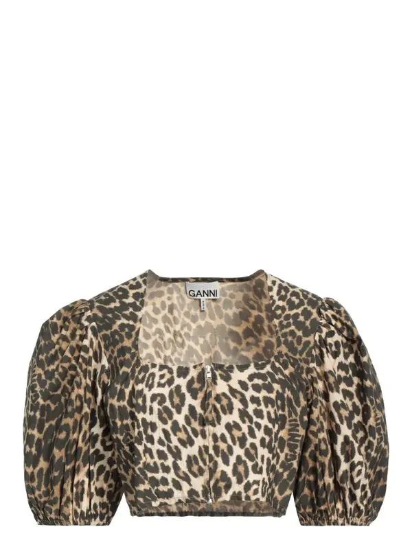 GANNI Leopard Print Square Neck Short Sleeve Top - Multicolor