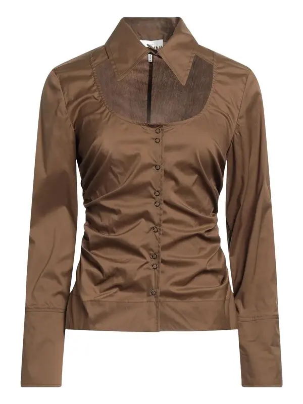GANNI Solid Poplin Long Sleeve Shirt - Brown
