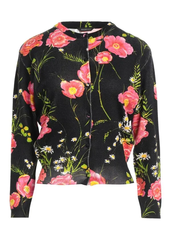 Balenciaga Floral-print Wool Knit Cardigan - Black