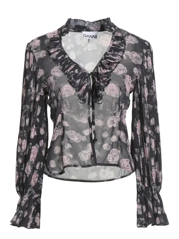 GANNI Floral Long-sleeved Shirt With Ruffle Detail - Black