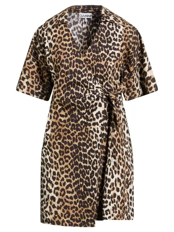 GANNI Leopard Print V-neck Short Sleeve Dress With Tie Detail And Pockets - Multicolor