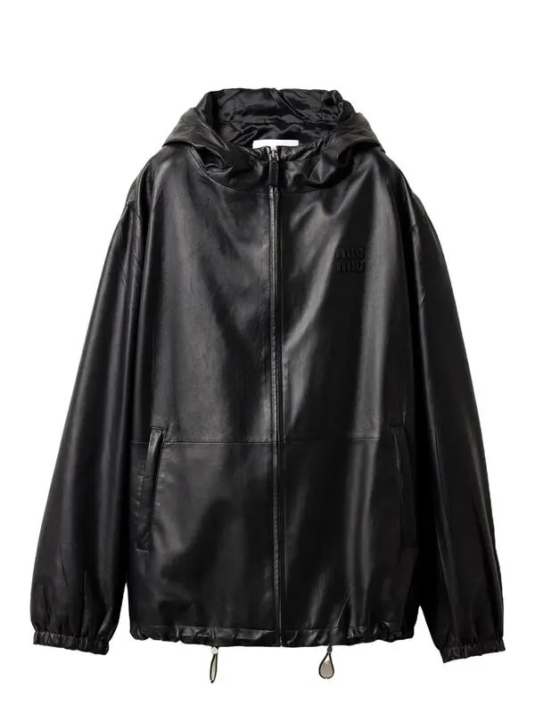 Miu Miu Nappa Leather Zip-up Hoodie Jacket With Embossed Logo - Black