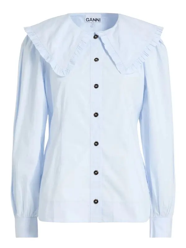 GANNI Long Sleeve Shirt With Ruffle Collar - Blue