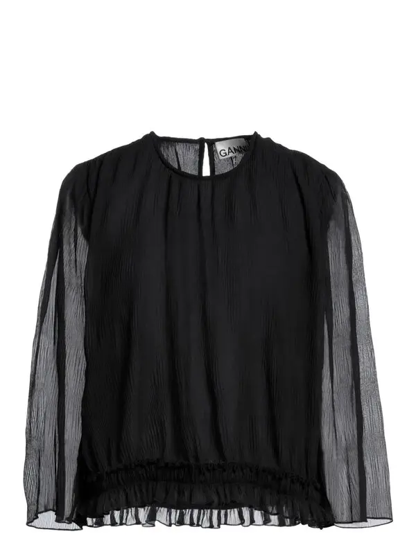 GANNI Chiffon Top With Three-quarter Sleeves - Black