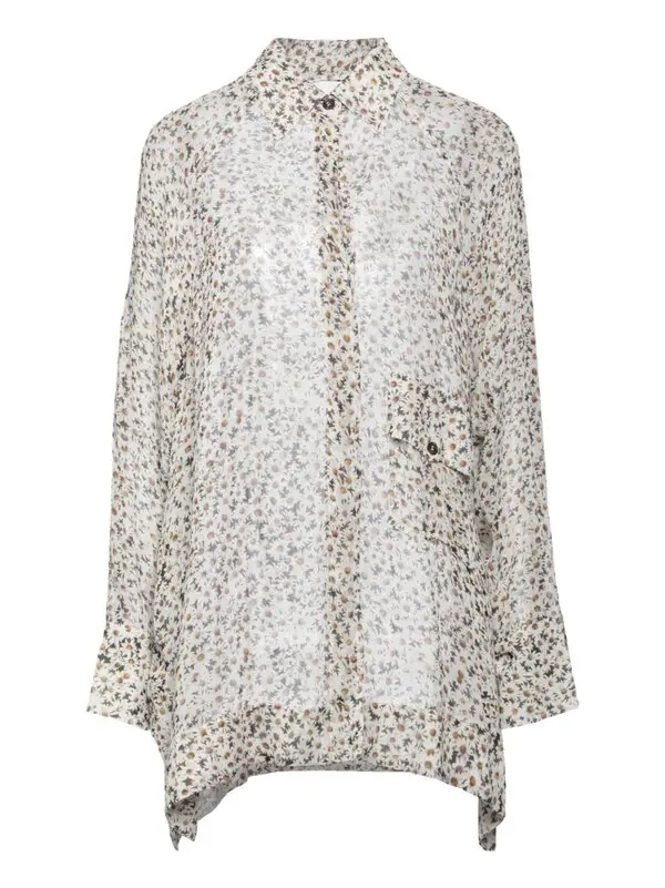 GANNI Floral Long Sleeve Chiffon Shirt - White