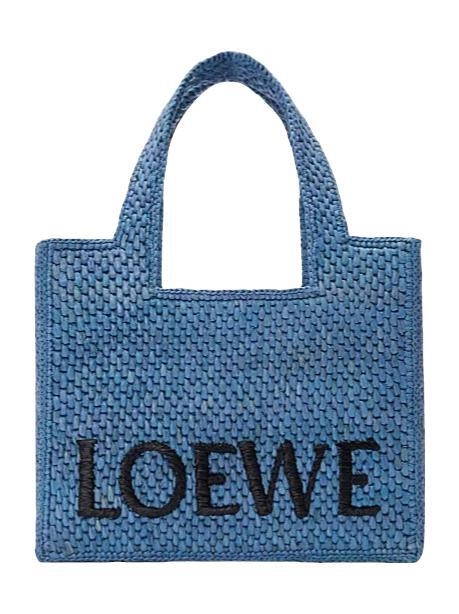 Loewe Mini Font Tote In Raffia - Light Blue