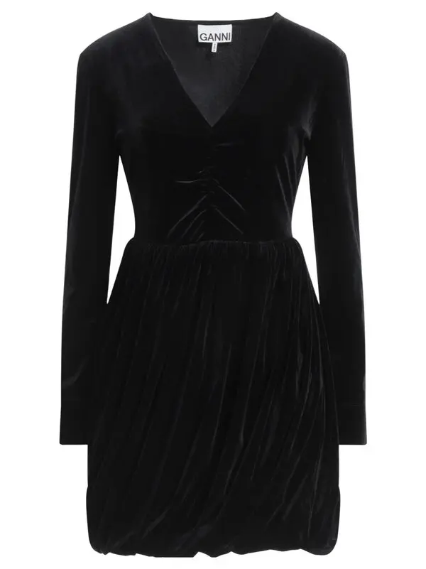 GANNI Velvet V-neck Long Sleeve Dress - Black