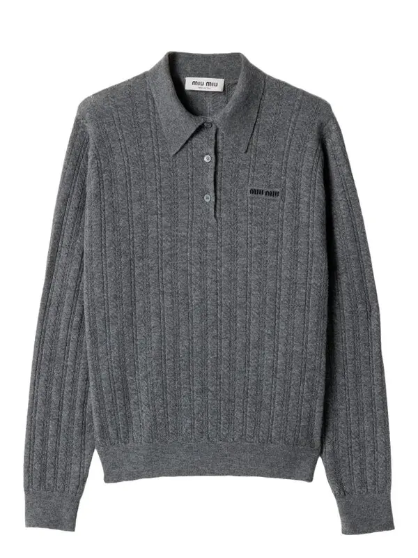 Miu Miu Cashmere Open Knit Polo Sweater With Ribbed Details - Slate Gray