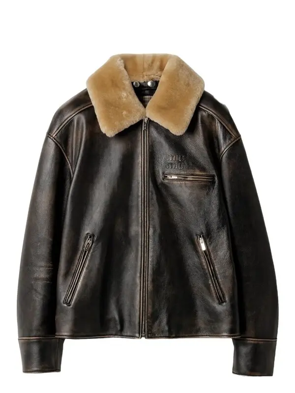 Miu Miu Distressed Nappa Leather Aviator Jacket With Shearling Collar - Black