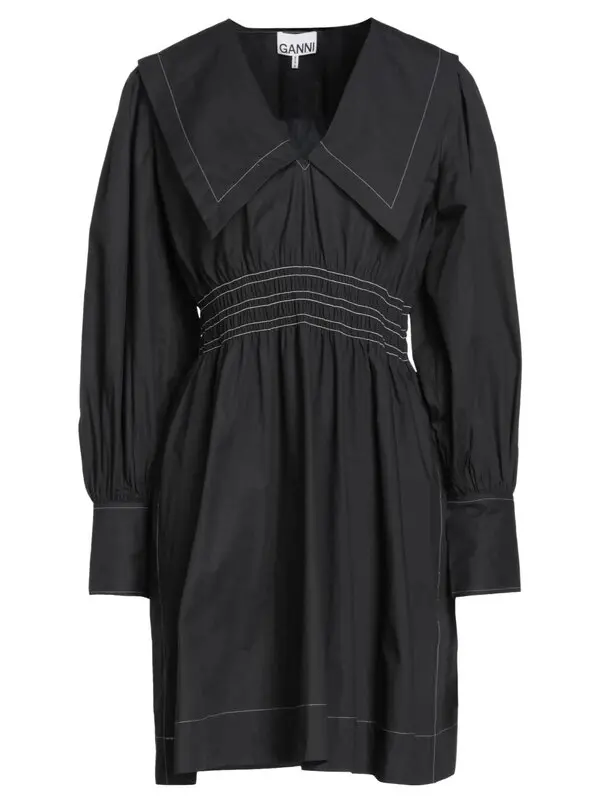 GANNI Long Sleeve Shirt Dress With Gathered Waist - Black