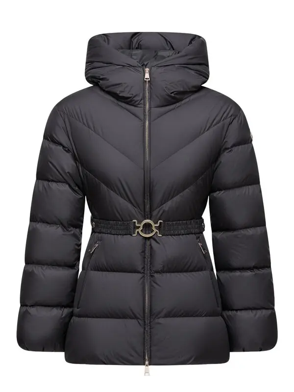 Moncler Diagonal-quilted Hooded Short Down Jacket With Logo Buckle Belt - Black