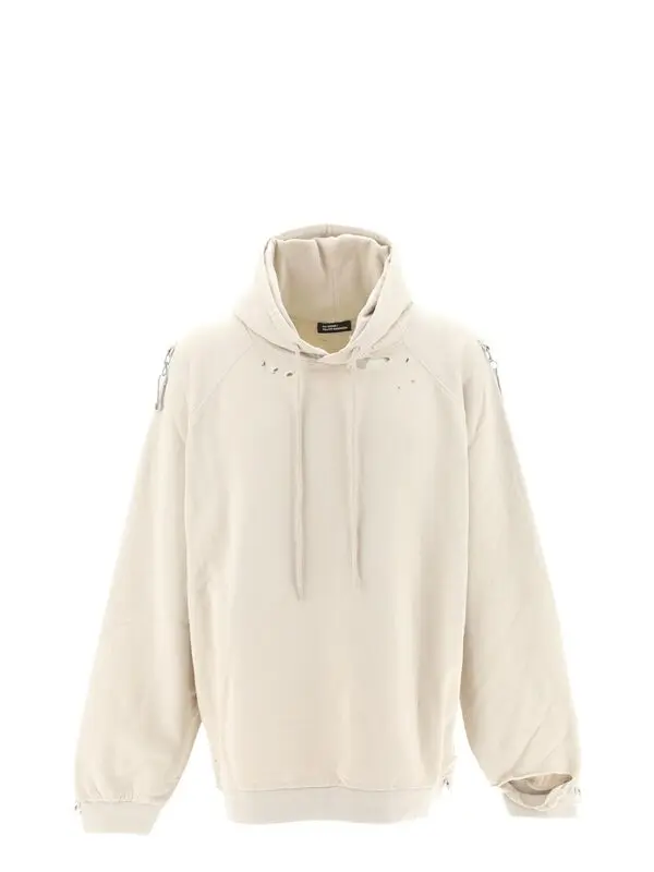 Raf Simons Oversized Ripped-detail Cotton Hoodie With Logo And Drawstring - Nude