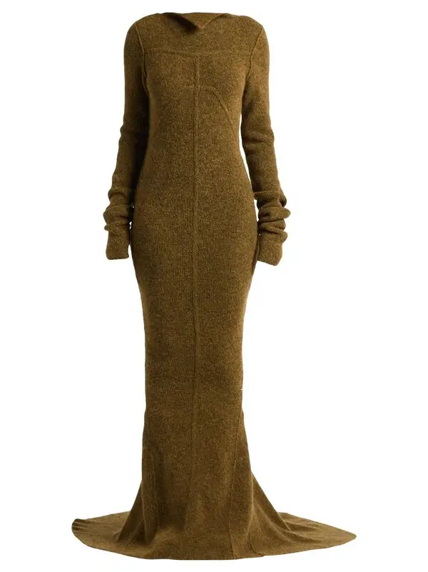 Rick Owens Knit Maxi Dress With Turtleneck And Open Back - Brown