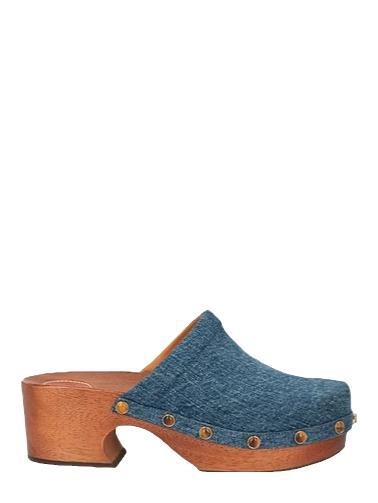 Chloé Denim Patchwork Wooden Sole Clogs - Blue