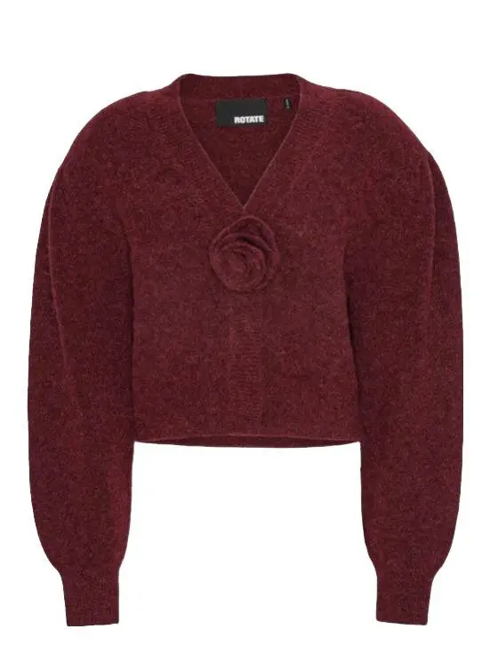 ROTATE BY BIRGER CHRISTENSEN Knitted Puff Sleeve Cardigan With Rosette Detail - Brown