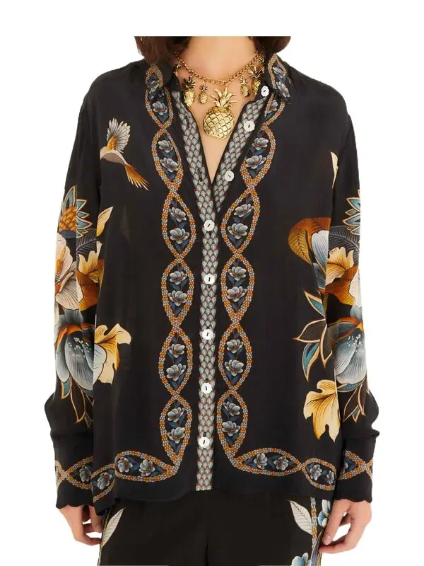 Farm Rio Buttoned Floral Shirt - Black