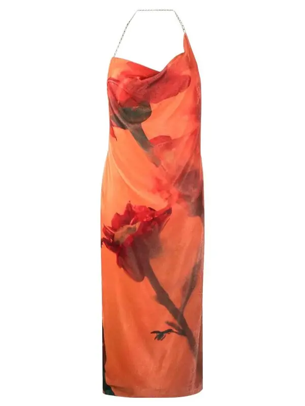 Stine Goya Abstract Floral Print Sleeveless Maxi Dress With Chain Detail And Open Back - Orange