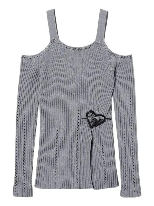 TWINSET Rib Knit Brooch Detail Top - Gray
