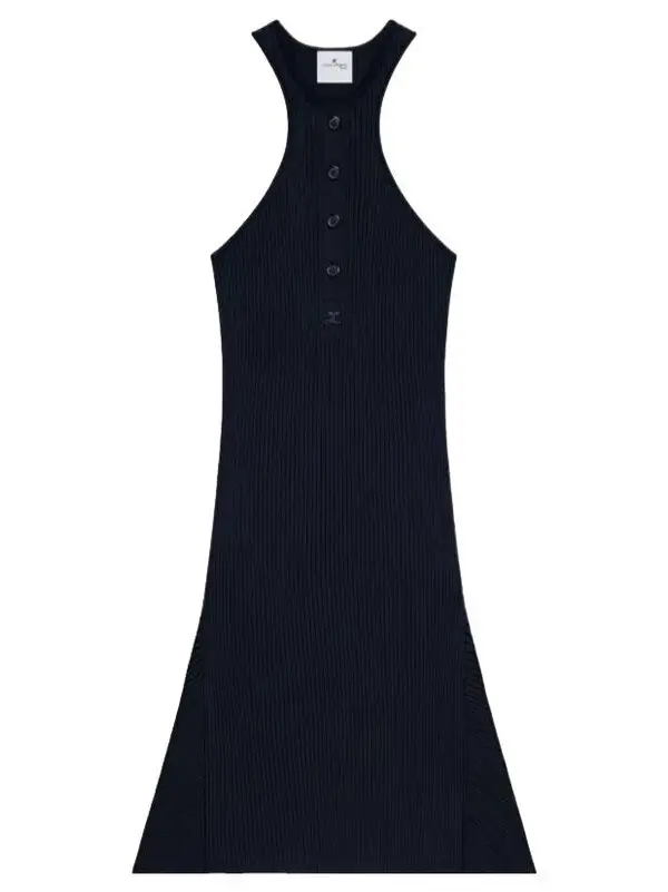 COURREGES Rib Knit Round Neck Sleeveless Midi Dress With Vertical Buttons - Black