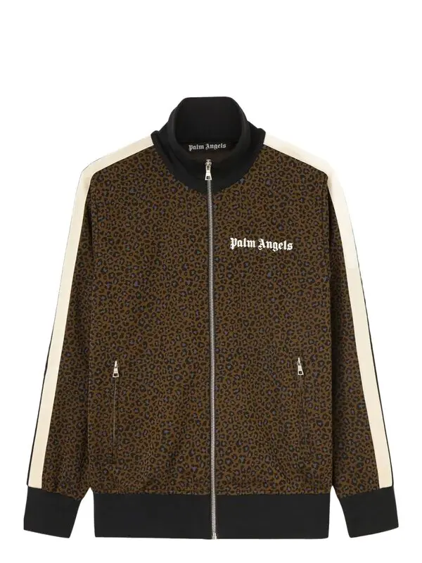 Palm Angels Leopard Print Track Jacket With Side Stripe Sleeves - Black
