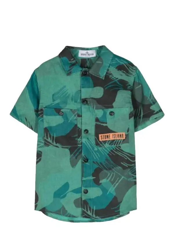Stone Island Abstract Print Linen Shirt - Emerald