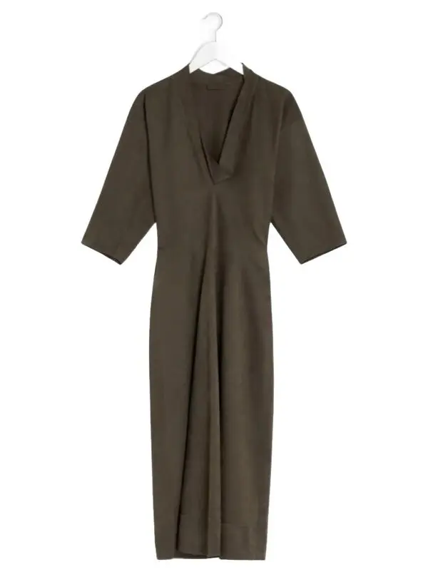 LEMAIRE V-neck Three-quarter Sleeve Midi Dress - Deep Khaki